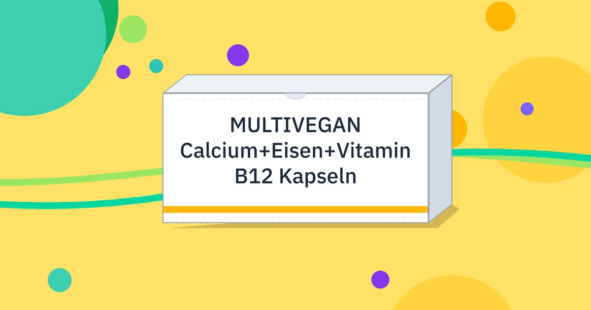 Symbolbild: Packung mit der Aufschrift MULTIVEGAN Calcium+Eisen+Vitamin B12 Kapseln (PZN 19454850) – Verfügbarkeit und Bezug in Apotheken in Frankfurt am Main