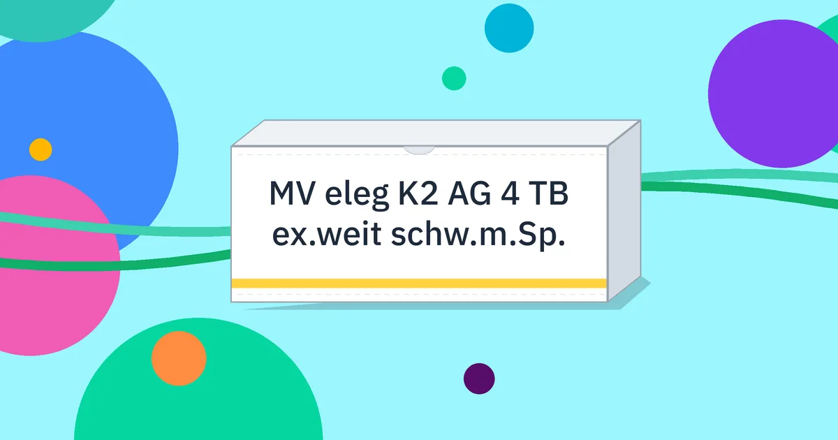 Symbolbild: Packung mit der Aufschrift MV eleg K2 AG 4 TB ex.weit schw.m.Sp. (PZN 09878081) – Verfügbarkeit und Bezug in Apotheken in Frankfurt am Main