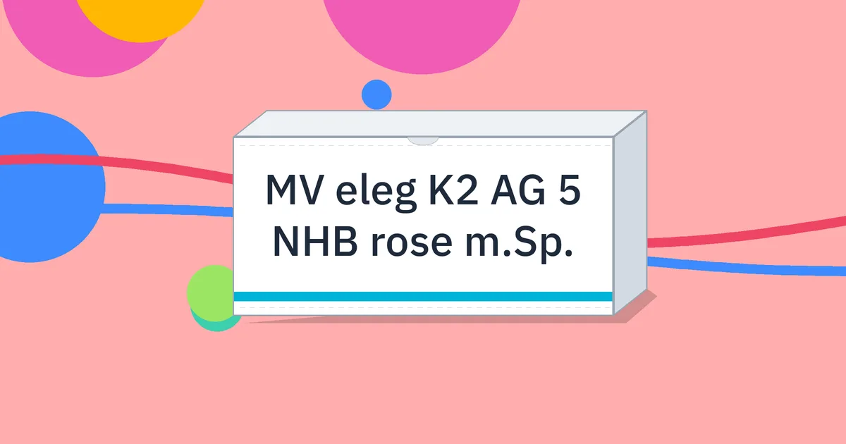 Symbolbild: Packung mit der Aufschrift MV eleg K2 AG 5 NHB rose m.Sp. (PZN 15730224) – Verfügbarkeit und Bezug in Apotheken in Frankfurt am Main