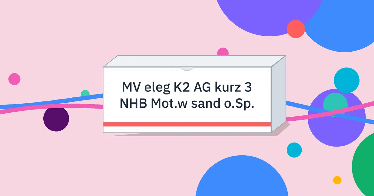 Symbolbild: Packung mit der Aufschrift MV eleg K2 AG kurz 3 NHB Mot.w sand o.Sp. (PZN 18927938) – Verfügbarkeit und Bezug in Apotheken in Frankfurt am Main