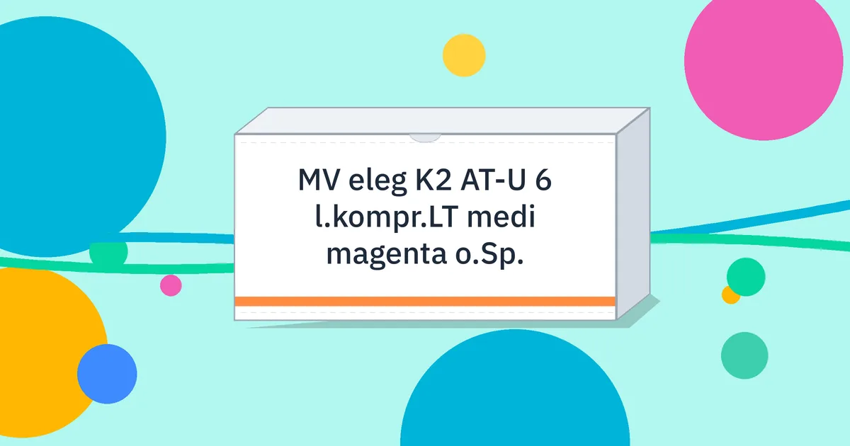 Symbolbild: Packung mit der Aufschrift MV eleg K2 AT-U 6 l.kompr.LT medi magenta o.Sp. (PZN 14626789) – Verfügbarkeit und Bezug in Apotheken in Frankfurt am Main