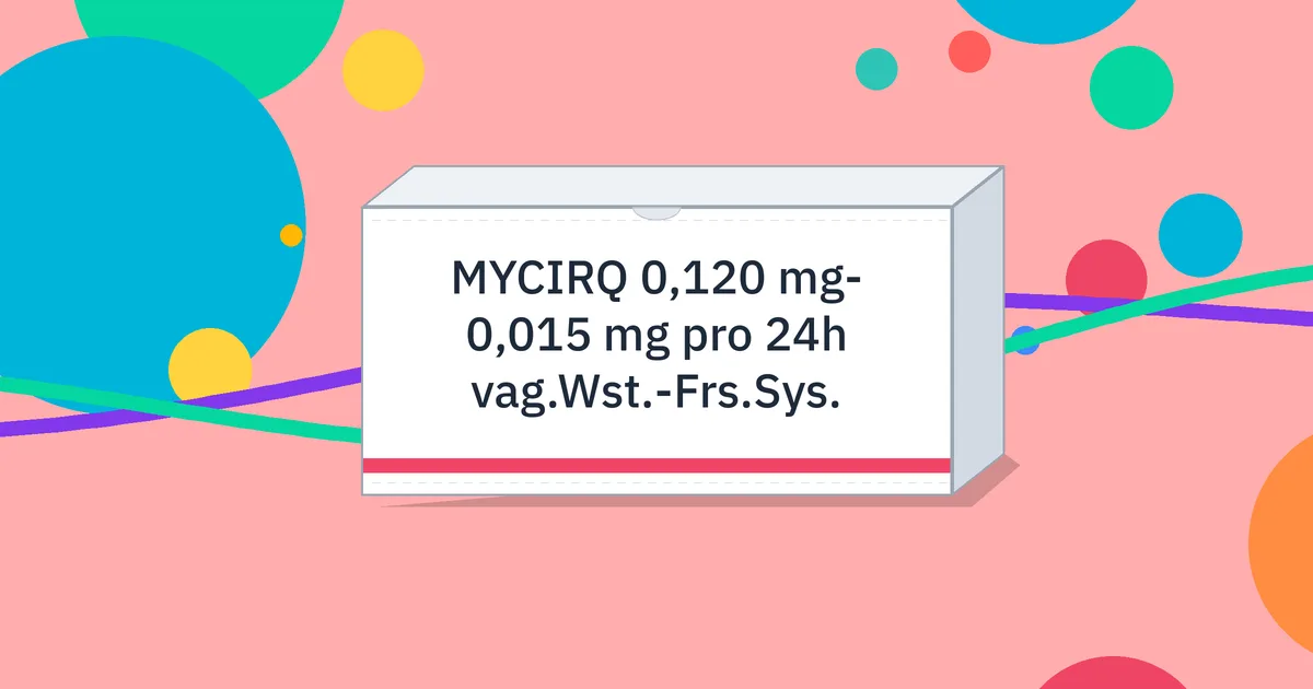 Symbolbild: Packung mit der Aufschrift MYCIRQ 0,120 mg-0,015 mg pro 24h vag.Wst.-Frs.Sys. (PZN 16139792) – Verfügbarkeit und Bezug in Apotheken in Frankfurt am Main
