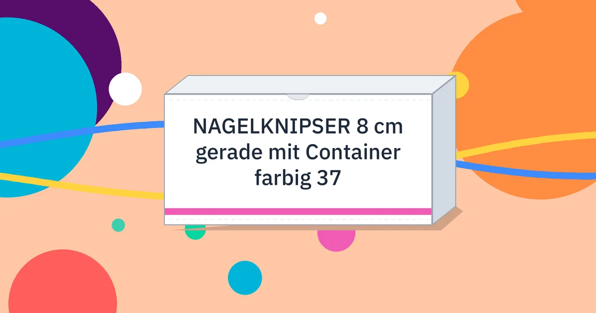 Symbolbild: Packung mit der Aufschrift NAGELKNIPSER 8 cm gerade mit Container farbig 37 (PZN 19283420) – Verfügbarkeit und Bezug in Apotheken in Frankfurt am Main