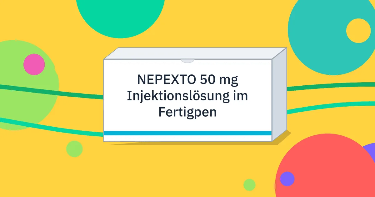 Symbolbild: Packung mit der Aufschrift NEPEXTO 50 mg Injektionslösung im Fertigpen (PZN 17866034) – Verfügbarkeit und Bezug in Apotheken in Frankfurt am Main