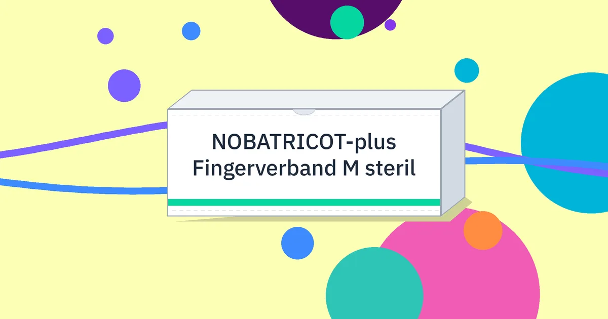 Symbolbild: Packung mit der Aufschrift NOBATRICOT-plus Fingerverband M steril (PZN 10822306) – Verfügbarkeit und Bezug in Apotheken in Frankfurt am Main