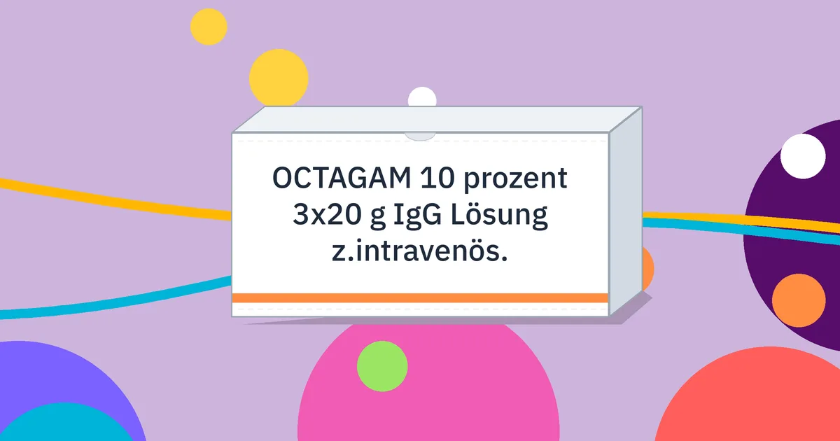 Symbolbild: Packung mit der Aufschrift OCTAGAM 10 prozent 3x20 g IgG Lösung z.intravenös. (PZN 04712306) – Verfügbarkeit und Bezug in Apotheken in Frankfurt am Main