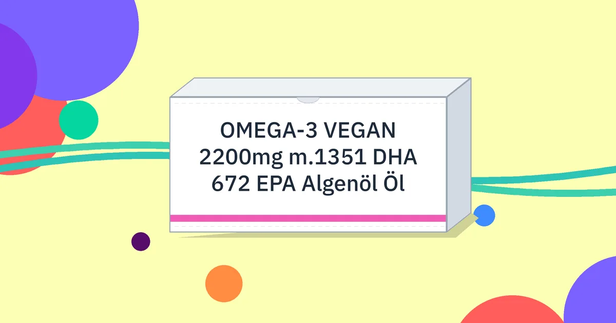 Symbolbild: Packung mit der Aufschrift OMEGA-3 VEGAN 2200mg m.1351 DHA 672 EPA Algenöl Öl (PZN 18913847) – Verfügbarkeit und Bezug in Apotheken in Frankfurt am Main