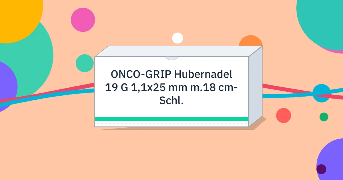 Symbolbild: Packung mit der Aufschrift ONCO-GRIP Hubernadel 19 G 1,1x25 mm m.18 cm-Schl. (PZN 05020065) – Verfügbarkeit und Bezug in Apotheken in Frankfurt am Main