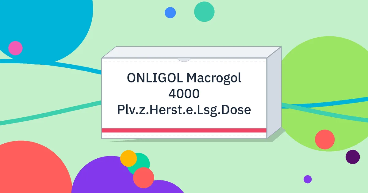 Symbolbild: Packung mit der Aufschrift ONLIGOL Macrogol 4000 Plv.z.Herst.e.Lsg.Dose (PZN 19388337) – Verfügbarkeit und Bezug in Apotheken in Frankfurt am Main