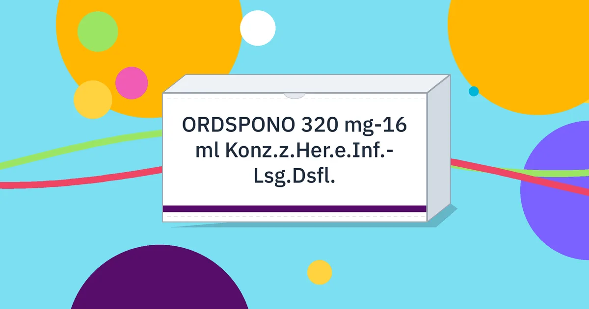 Symbolbild: Packung mit der Aufschrift ORDSPONO 320 mg-16 ml Konz.z.Her.e.Inf.-Lsg.Dsfl. (PZN 19481835) – Verfügbarkeit und Bezug in Apotheken in Frankfurt am Main