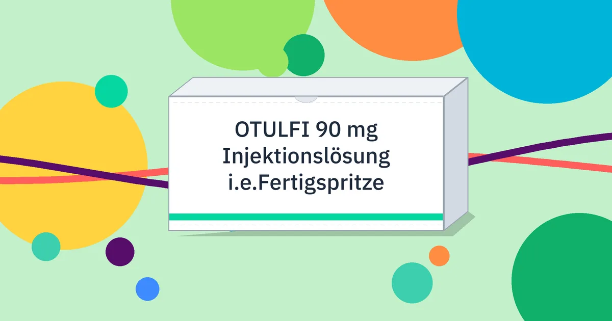 Symbolbild: Packung mit der Aufschrift OTULFI 90 mg Injektionslösung i.e.Fertigspritze (PZN 19541276) – Verfügbarkeit und Bezug in Apotheken in Frankfurt am Main