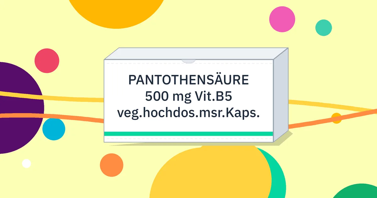 Symbolbild: Packung mit der Aufschrift PANTOTHENSÄURE 500 mg Vit.B5 veg.hochdos.msr.Kaps. (PZN 18236418) – Verfügbarkeit und Bezug in Apotheken in Frankfurt am Main