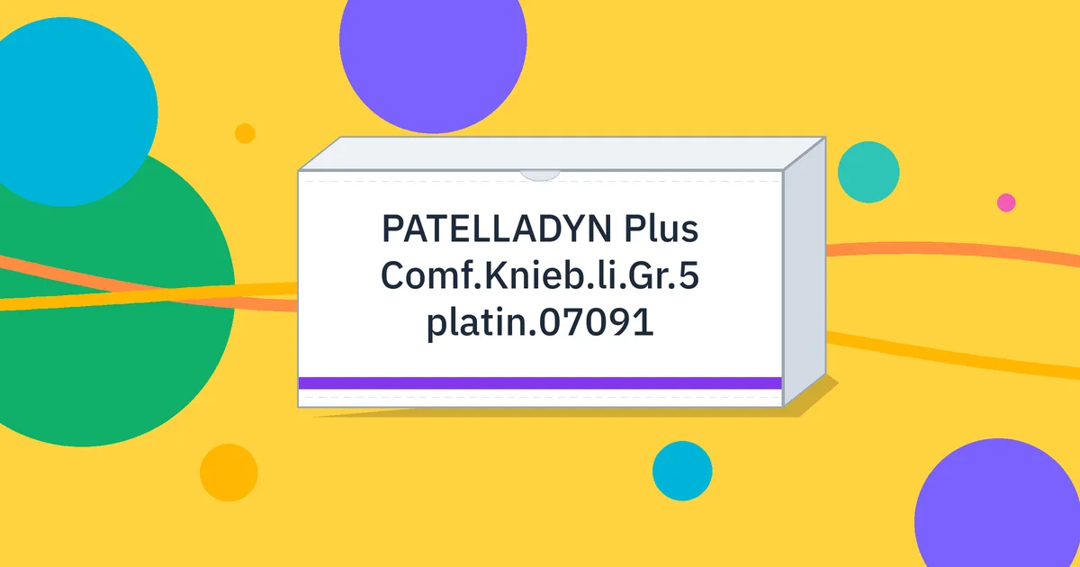 Symbolbild: Packung mit der Aufschrift PATELLADYN Plus Comf.Knieb.li.Gr.5 platin.07091 (PZN 18904558) – Verfügbarkeit und Bezug in Apotheken in Frankfurt am Main
