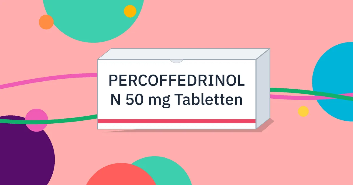 Symbolbild: Packung mit der Aufschrift PERCOFFEDRINOL N 50 mg Tabletten (PZN 02756802) – Verfügbarkeit und Bezug in Apotheken in Frankfurt am Main