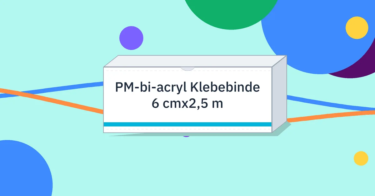 Symbolbild: Packung mit der Aufschrift PM-bi-acryl Klebebinde 6 cmx2,5 m (PZN 18845353) – Verfügbarkeit und Bezug in Apotheken in Frankfurt am Main