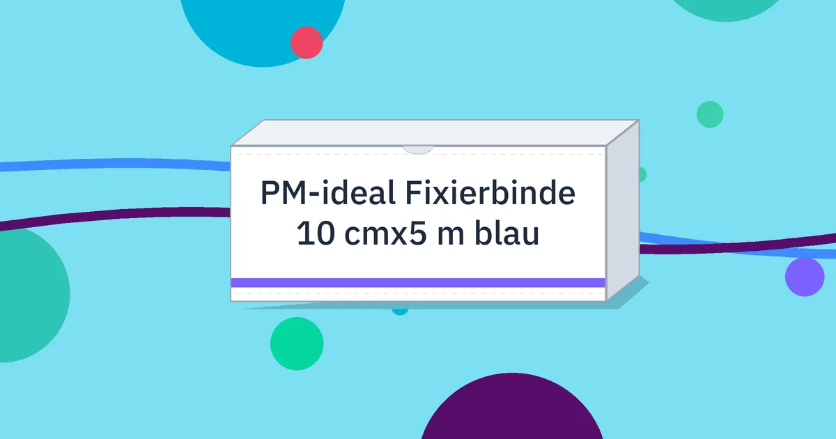 Symbolbild: Packung mit der Aufschrift PM-ideal Fixierbinde 10 cmx5 m blau (PZN 18844655) – Verfügbarkeit und Bezug in Apotheken in Frankfurt am Main