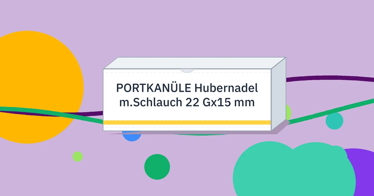 Symbolbild: Packung mit der Aufschrift PORTKANÜLE Hubernadel m.Schlauch 22 Gx15 mm (PZN 12497796) – Verfügbarkeit und Bezug in Apotheken in Frankfurt am Main