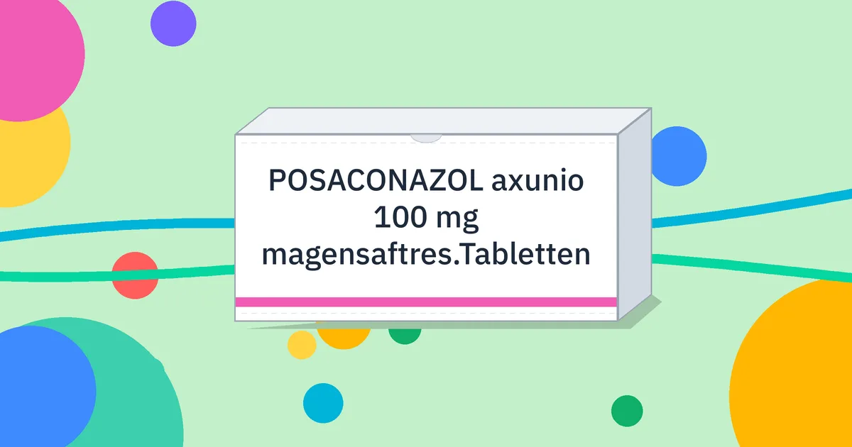 Symbolbild: Packung mit der Aufschrift POSACONAZOL axunio 100 mg magensaftres.Tabletten (PZN 19153203) – Verfügbarkeit und Bezug in Apotheken in Frankfurt am Main