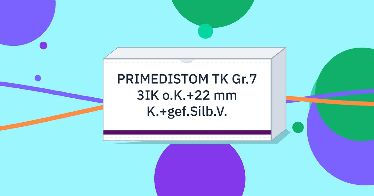 Symbolbild: Packung mit der Aufschrift PRIMEDISTOM TK Gr.7 3IK o.K.+22 mm K.+gef.Silb.V. (PZN 10262675) – Verfügbarkeit und Bezug in Apotheken in Frankfurt am Main