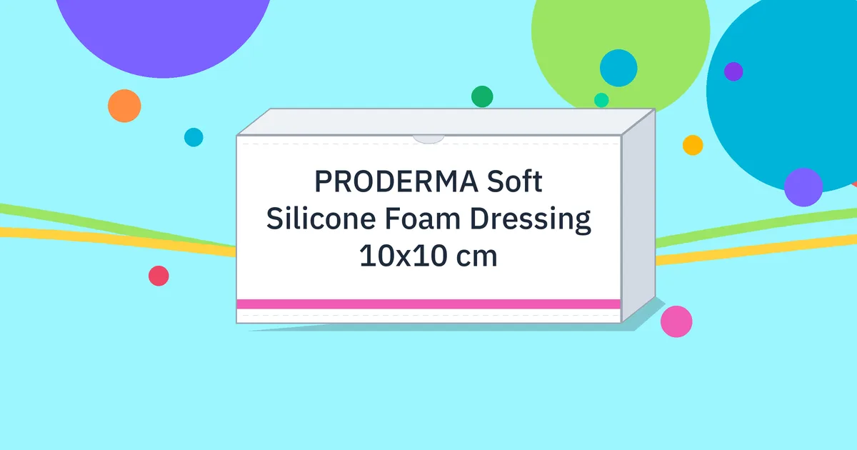 Symbolbild: Packung mit der Aufschrift PRODERMA Soft Silicone Foam Dressing 10x10 cm (PZN 20313882) – Verfügbarkeit und Bezug in Apotheken in Frankfurt am Main