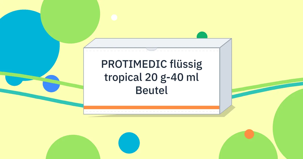 Symbolbild: Packung mit der Aufschrift PROTIMEDIC flüssig tropical 20 g-40 ml Beutel (PZN 18097282) – Verfügbarkeit und Bezug in Apotheken in Frankfurt am Main