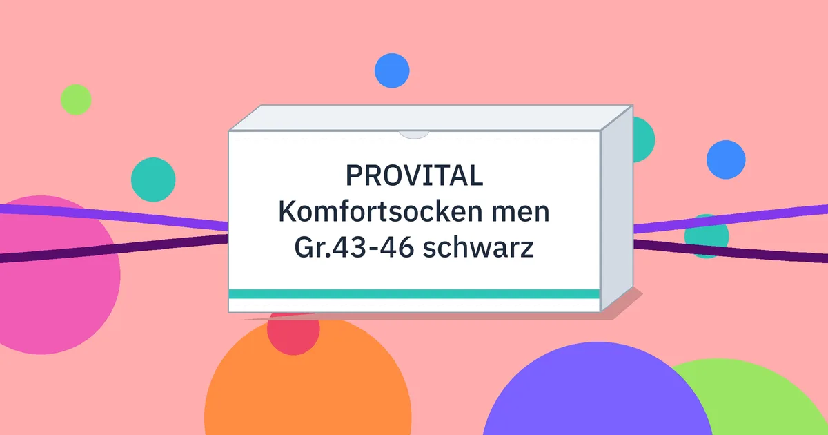 Symbolbild: Packung mit der Aufschrift PROVITAL Komfortsocken men Gr.43-46 schwarz (PZN 11080976) – Verfügbarkeit und Bezug in Apotheken in Frankfurt am Main
