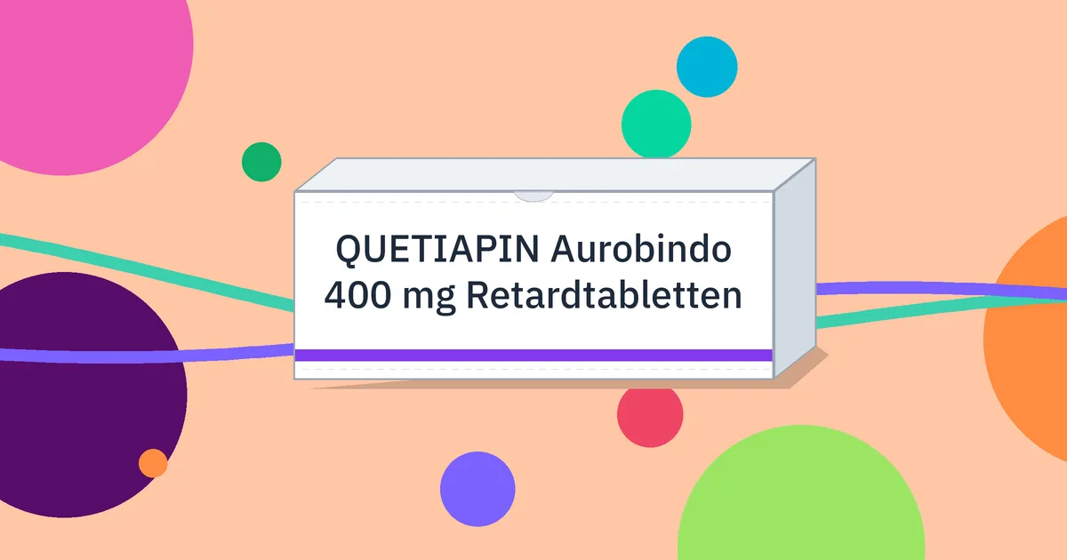 Symbolbild: Packung mit der Aufschrift QUETIAPIN Aurobindo 400 mg Retardtabletten (PZN 18428885) – Verfügbarkeit und Bezug in Apotheken in Frankfurt am Main