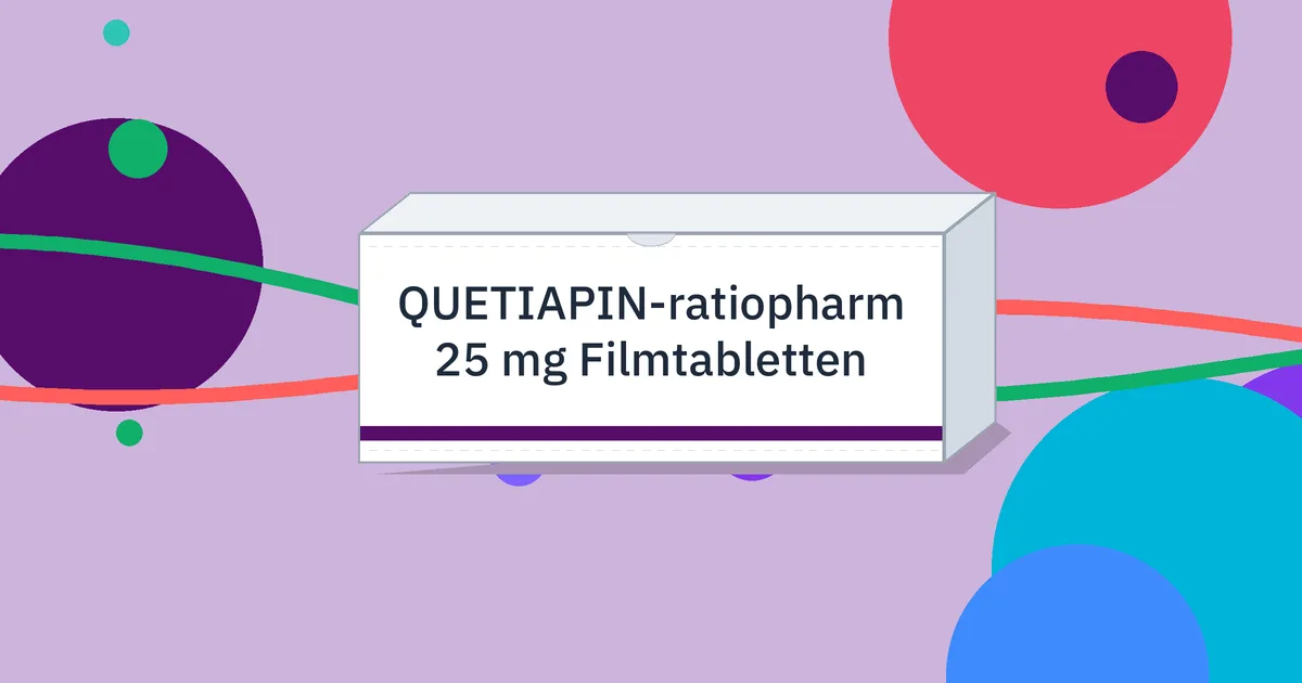 Symbolbild: Packung mit der Aufschrift QUETIAPIN-ratiopharm 25 mg Filmtabletten (PZN 09243158) – Verfügbarkeit und Bezug in Apotheken in Frankfurt am Main