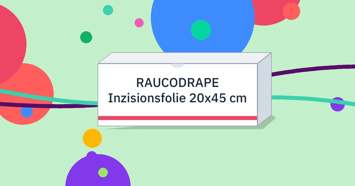 Symbolbild: Packung mit der Aufschrift RAUCODRAPE Inzisionsfolie 20x45 cm (PZN 18134304) – Verfügbarkeit und Bezug in Apotheken in Frankfurt am Main