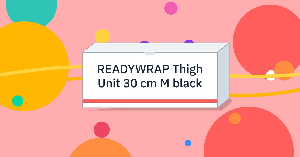 Symbolbild: Packung mit der Aufschrift READYWRAP Thigh Unit 30 cm M black (PZN 16566850) – Verfügbarkeit und Bezug in Apotheken in Frankfurt am Main
