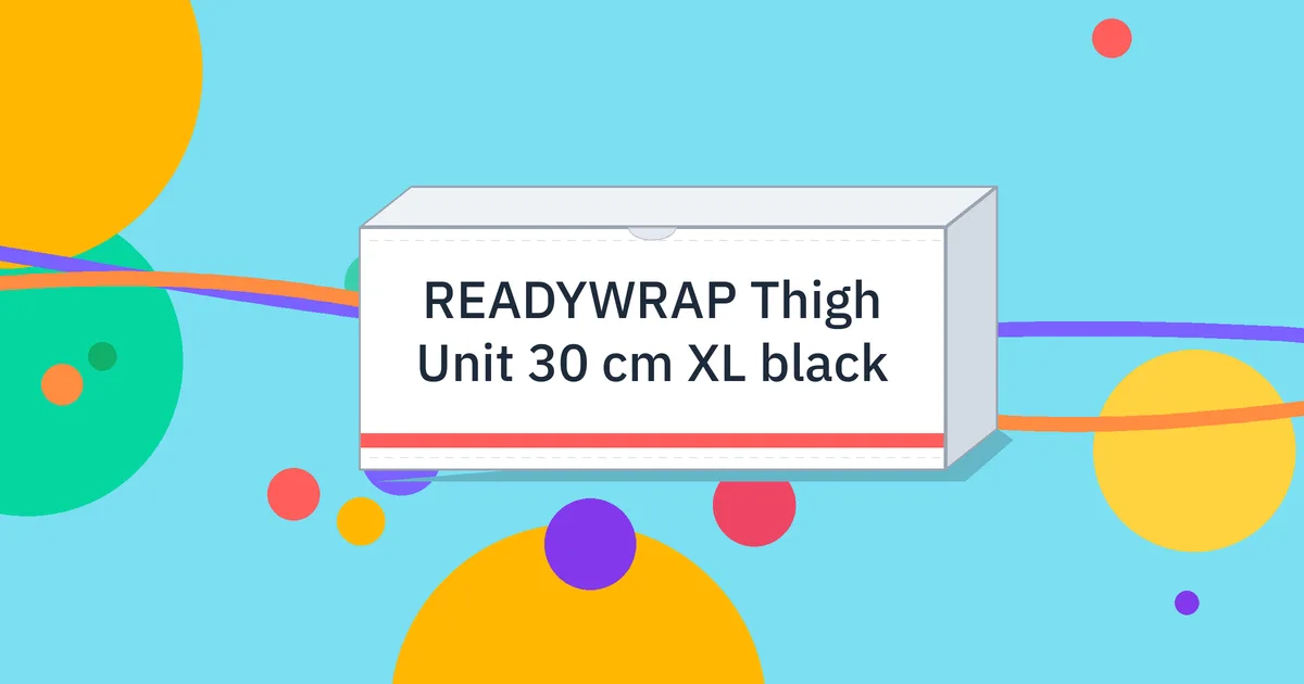 Symbolbild: Packung mit der Aufschrift READYWRAP Thigh Unit 30 cm XL black (PZN 16566985) – Verfügbarkeit und Bezug in Apotheken in Frankfurt am Main