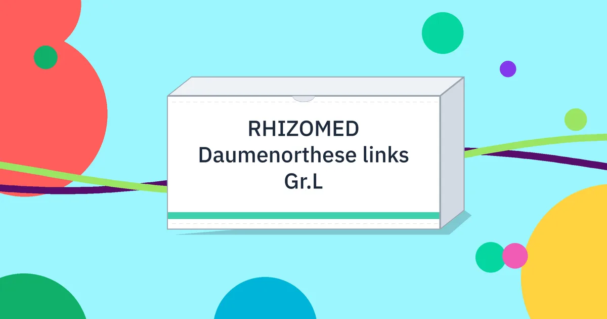 Symbolbild: Packung mit der Aufschrift RHIZOMED Daumenorthese links Gr.L (PZN 05362481) – Verfügbarkeit und Bezug in Apotheken in Frankfurt am Main