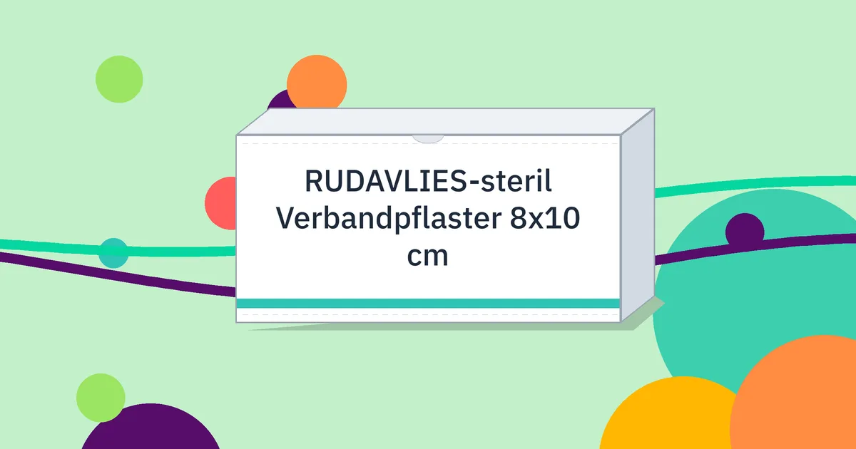 Symbolbild: Packung mit der Aufschrift RUDAVLIES-steril Verbandpflaster 8x10 cm (PZN 13707066) – Verfügbarkeit und Bezug in Apotheken in Frankfurt am Main