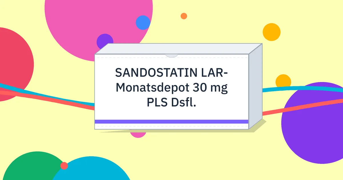 Symbolbild: Packung mit der Aufschrift SANDOSTATIN LAR-Monatsdepot 30 mg PLS Dsfl. (PZN 20217405) – Verfügbarkeit und Bezug in Apotheken in Frankfurt am Main