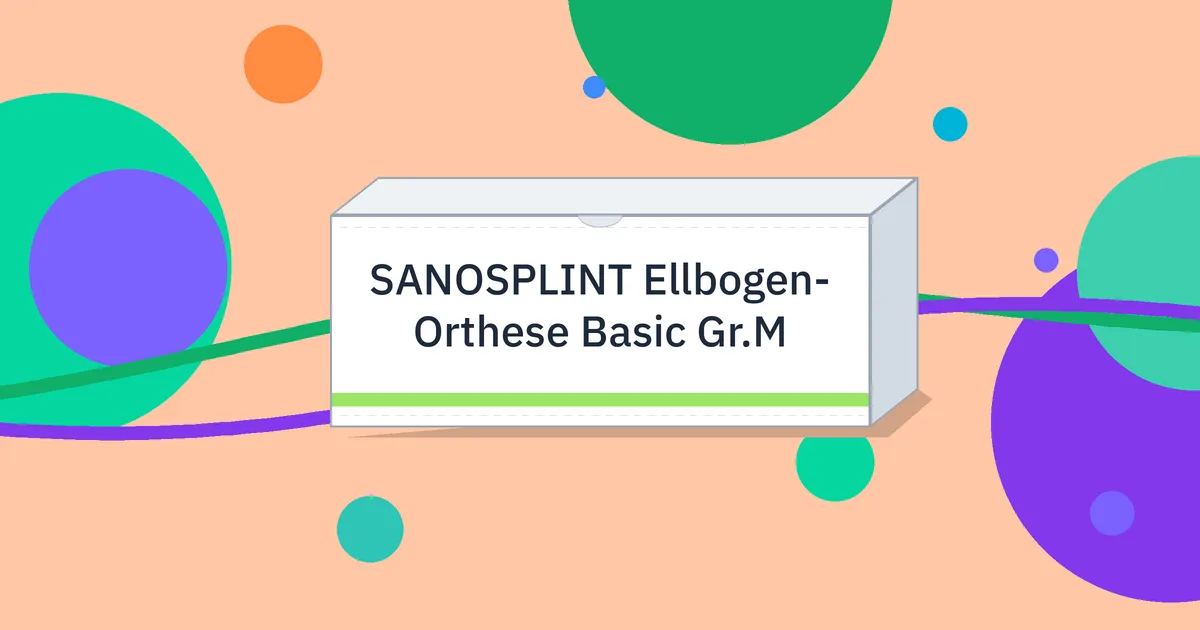 Symbolbild: Packung mit der Aufschrift SANOSPLINT Ellbogen-Orthese Basic Gr.M (PZN 11281568) – Verfügbarkeit und Bezug in Apotheken in Frankfurt am Main