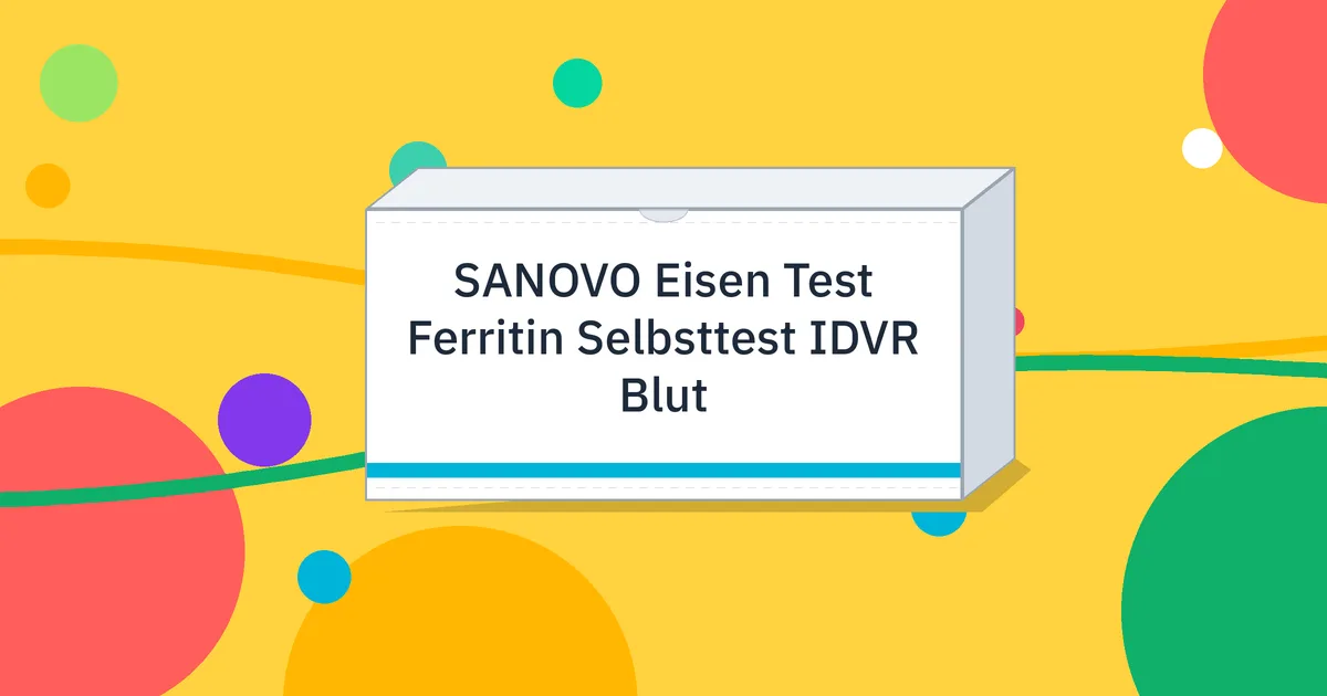 Symbolbild: Packung mit der Aufschrift SANOVO Eisen Test Ferritin Selbsttest IDVR Blut (PZN 20383687) – Verfügbarkeit und Bezug in Apotheken in Frankfurt am Main