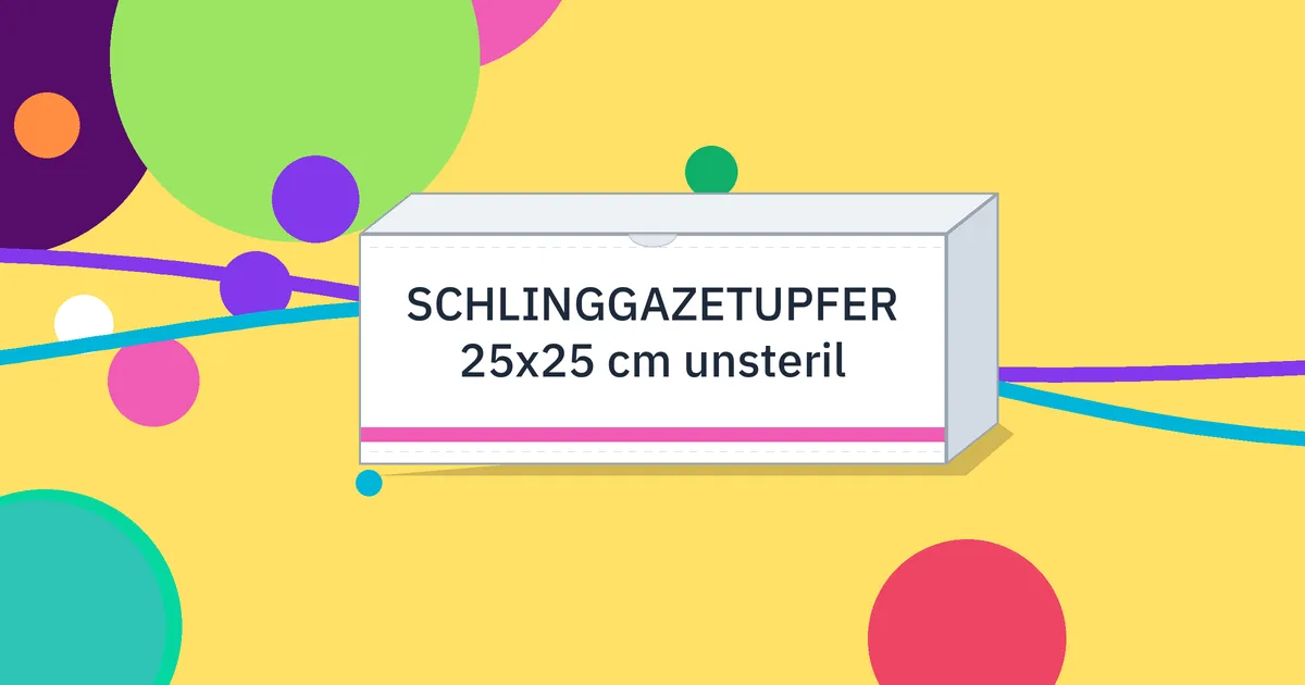 Symbolbild: Packung mit der Aufschrift SCHLINGGAZETUPFER 25x25 cm unsteril (PZN 08821630) – Verfügbarkeit und Bezug in Apotheken in Frankfurt am Main