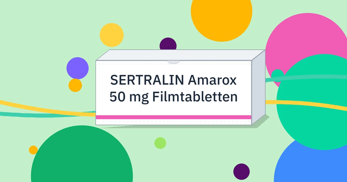 Symbolbild: Packung mit der Aufschrift SERTRALIN Amarox 50 mg Filmtabletten (PZN 19984720) – Verfügbarkeit und Bezug in Apotheken in Frankfurt am Main