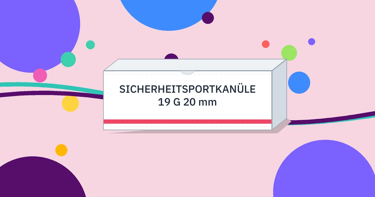 Symbolbild: Packung mit der Aufschrift SICHERHEITSPORTKANÜLE 19 G 20 mm (PZN 08781267) – Verfügbarkeit und Bezug in Apotheken in Frankfurt am Main