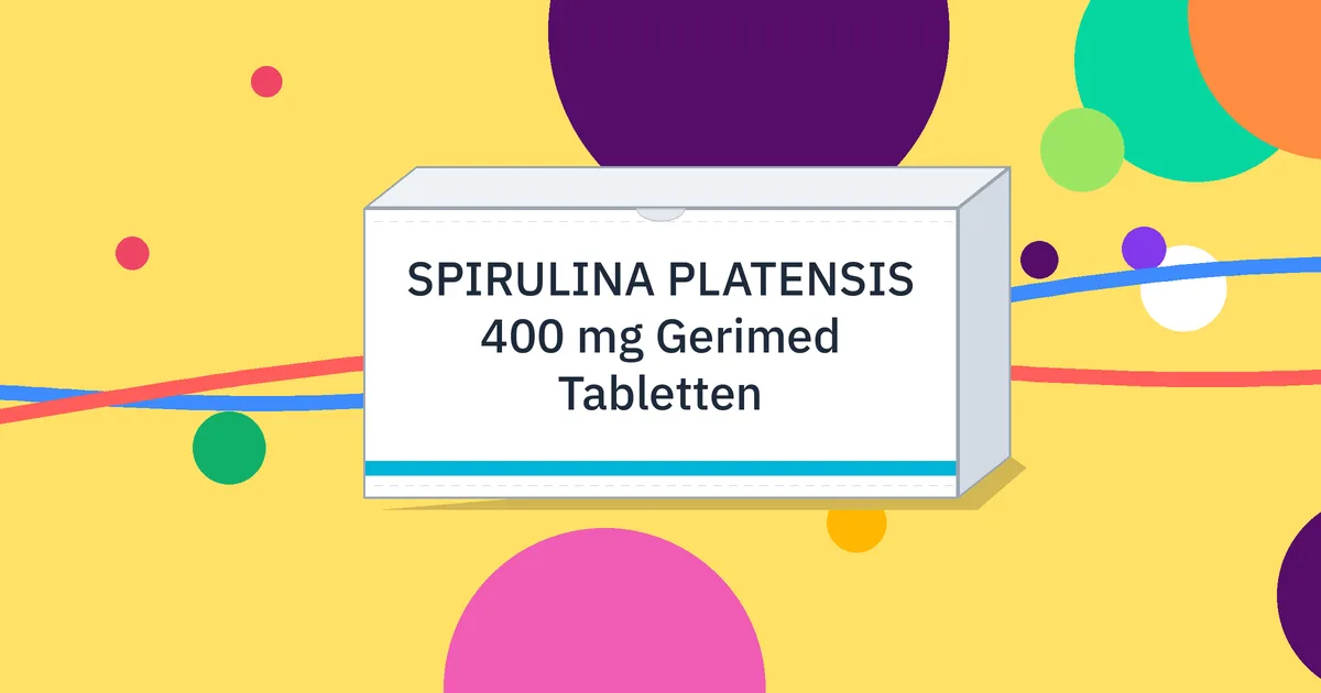 Symbolbild: Packung mit der Aufschrift SPIRULINA PLATENSIS 400 mg Gerimed Tabletten (PZN 04698718) – Verfügbarkeit und Bezug in Apotheken in Frankfurt am Main