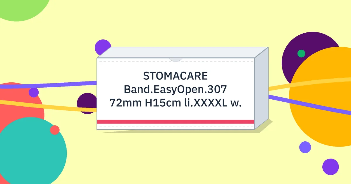 Symbolbild: Packung mit der Aufschrift STOMACARE Band.EasyOpen.307 72mm H15cm li.XXXXL w. (PZN 07665553) – Verfügbarkeit und Bezug in Apotheken in Frankfurt am Main
