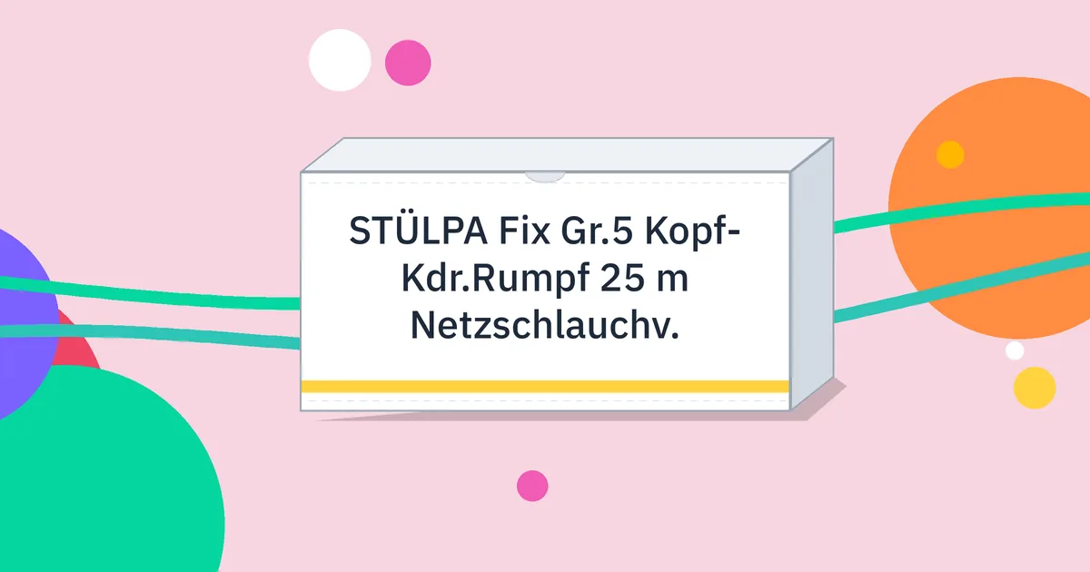 Symbolbild: Packung mit der Aufschrift STÜLPA Fix Gr.5 Kopf-Kdr.Rumpf 25 m Netzschlauchv. (PZN 18769250) – Verfügbarkeit und Bezug in Apotheken in Frankfurt am Main