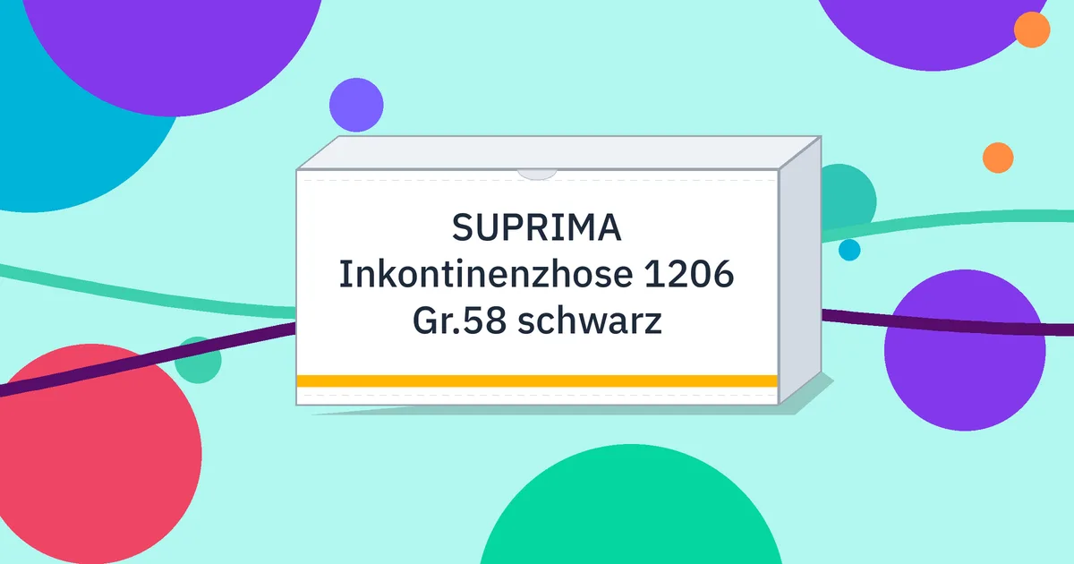 Symbolbild: Packung mit der Aufschrift SUPRIMA Inkontinenzhose 1206 Gr.58 schwarz (PZN 01514296) – Verfügbarkeit und Bezug in Apotheken in Frankfurt am Main