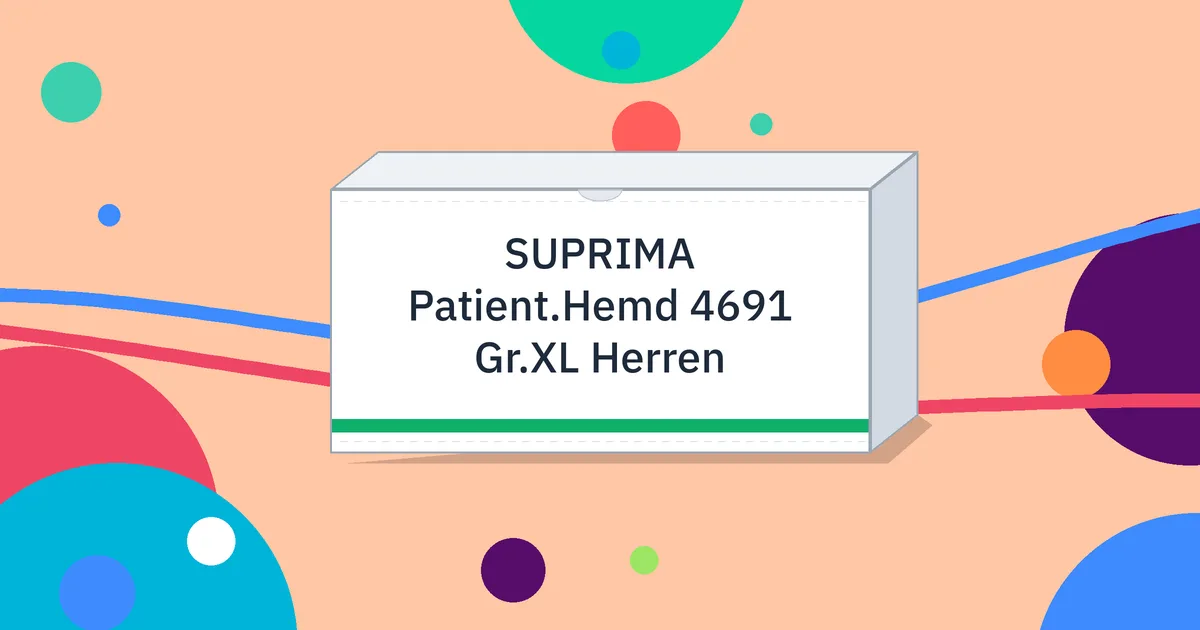 Symbolbild: Packung mit der Aufschrift SUPRIMA Patient.Hemd 4691 Gr.XL Herren (PZN 04411473) – Verfügbarkeit und Bezug in Apotheken in Frankfurt am Main