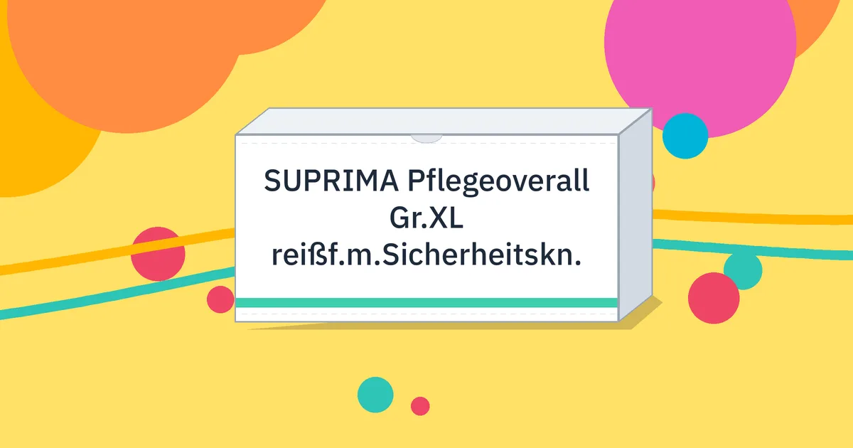 Symbolbild: Packung mit der Aufschrift SUPRIMA Pflegeoverall Gr.XL reißf.m.Sicherheitskn. (PZN 00939415) – Verfügbarkeit und Bezug in Apotheken in Frankfurt am Main