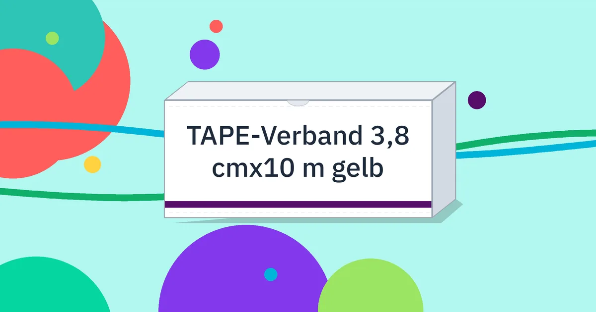 Symbolbild: Packung mit der Aufschrift TAPE-Verband 3,8 cmx10 m gelb (PZN 01574140) – Verfügbarkeit und Bezug in Apotheken in Frankfurt am Main