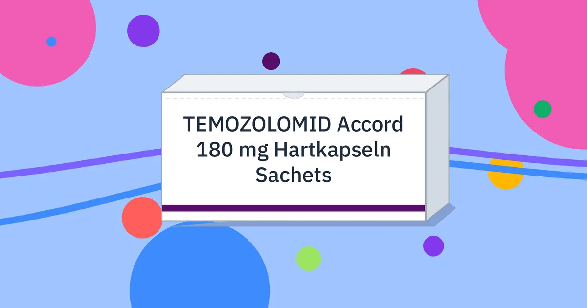Symbolbild: Packung mit der Aufschrift TEMOZOLOMID Accord 180 mg Hartkapseln Sachets (PZN 17400413) – Verfügbarkeit und Bezug in Apotheken in Frankfurt am Main