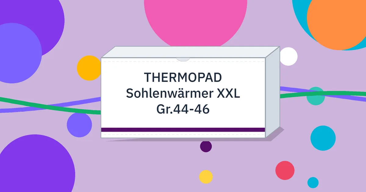 Symbolbild: Packung mit der Aufschrift THERMOPAD Sohlenwärmer XXL Gr.44-46 (PZN 19079688) – Verfügbarkeit und Bezug in Apotheken in Frankfurt am Main