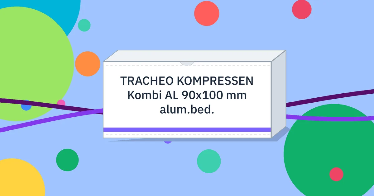 Symbolbild: Packung mit der Aufschrift TRACHEO KOMPRESSEN Kombi AL 90x100 mm alum.bed. (PZN 00915219) – Verfügbarkeit und Bezug in Apotheken in Frankfurt am Main