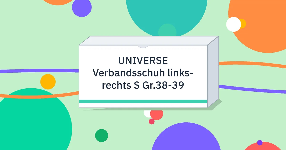 Symbolbild: Packung mit der Aufschrift UNIVERSE Verbandsschuh links-rechts S Gr.38-39 (PZN 17197389) – Verfügbarkeit und Bezug in Apotheken in Frankfurt am Main